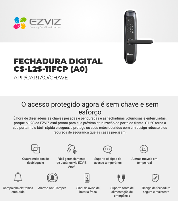 EZVIZ FECHADURA DIGITAL CS-L2S-11FCP (A0) APP/CARTÃO/CHAVE